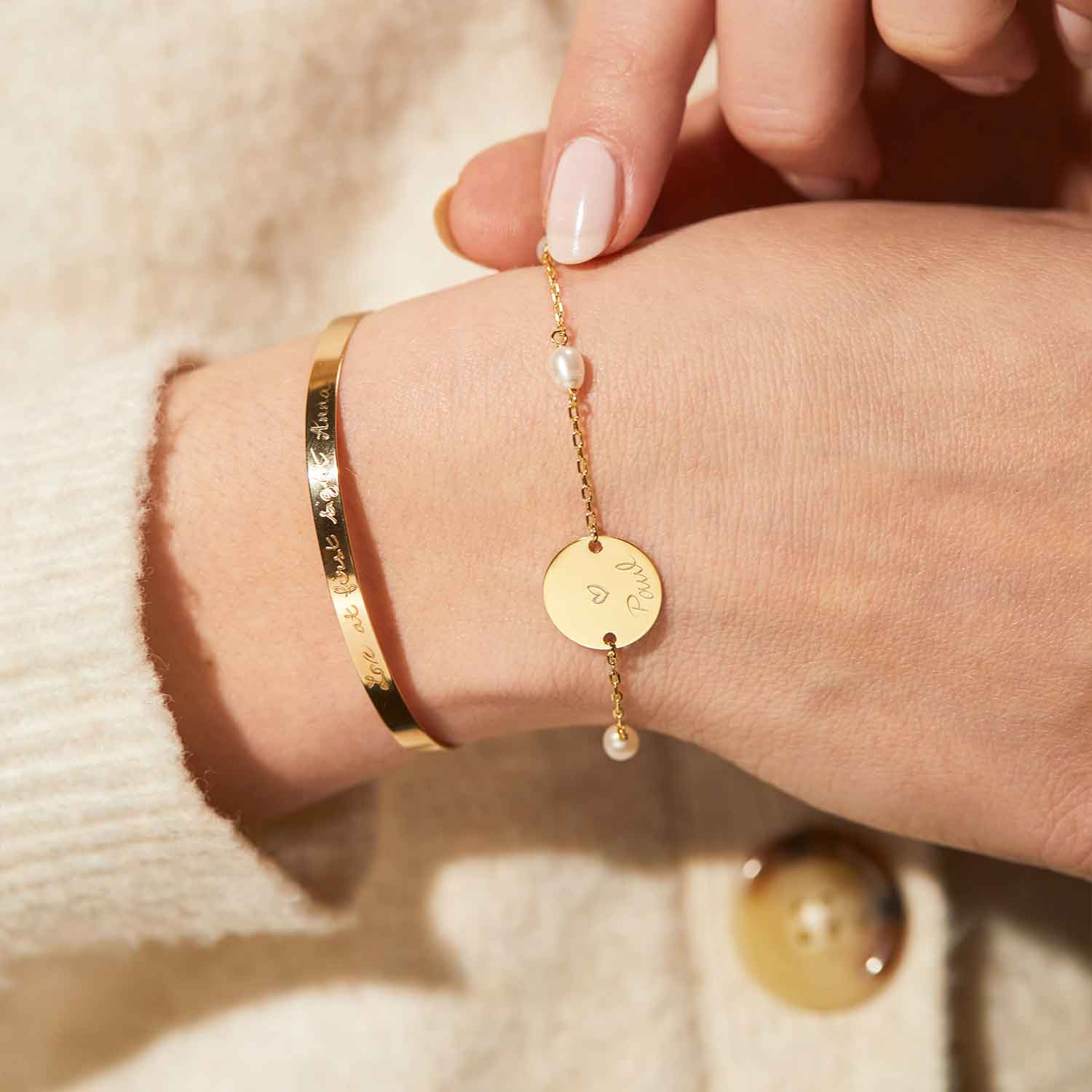 Bracelet personnalisé Pastille sur Chaîne et Perles | Merci Maman