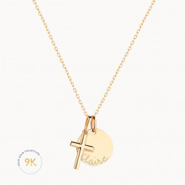 Personalised 9 Carat Gold Disc & Cross Necklace | Merci Maman